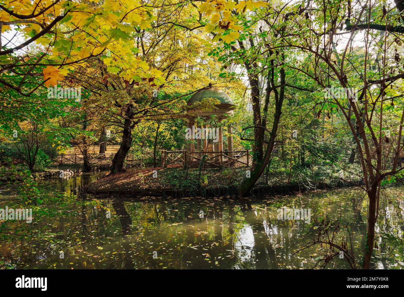 A garden temple around an artificial park pond in the garden of Villa ...