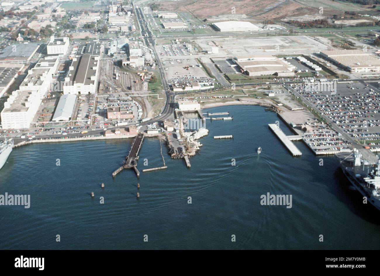 Aerial view of the area surrounding the Destroyer and Submarine Piers ...