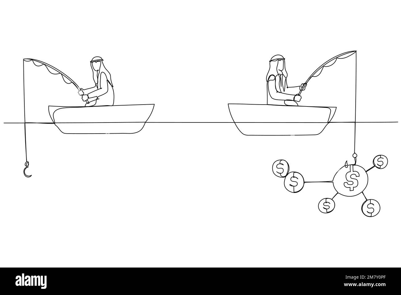 Drawing of arab businessman fishing dollar sitting in boat. Single line ...