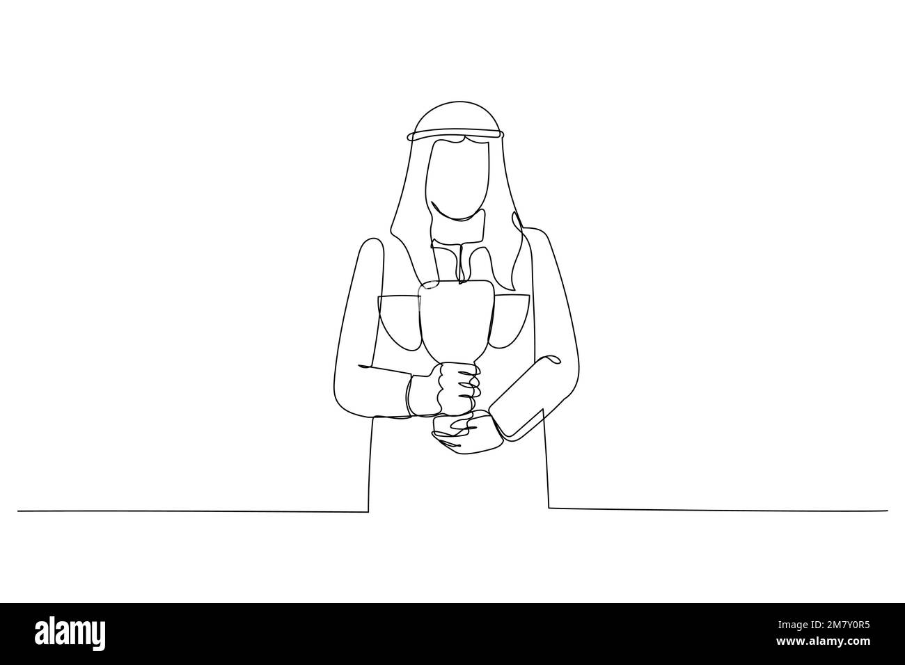Drawing of arab businessman standing with trophy in hand flexing for ...
