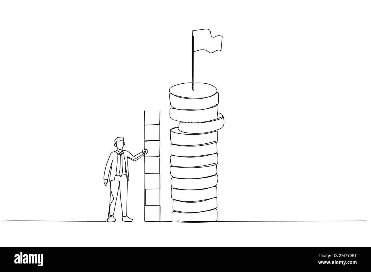 Cartoon of businessman climbs a ladder to get a flag atop of huge money ...
