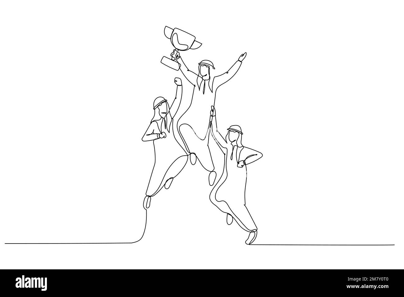 Drawing of arab businessman jumping holding trophy get reward and ...