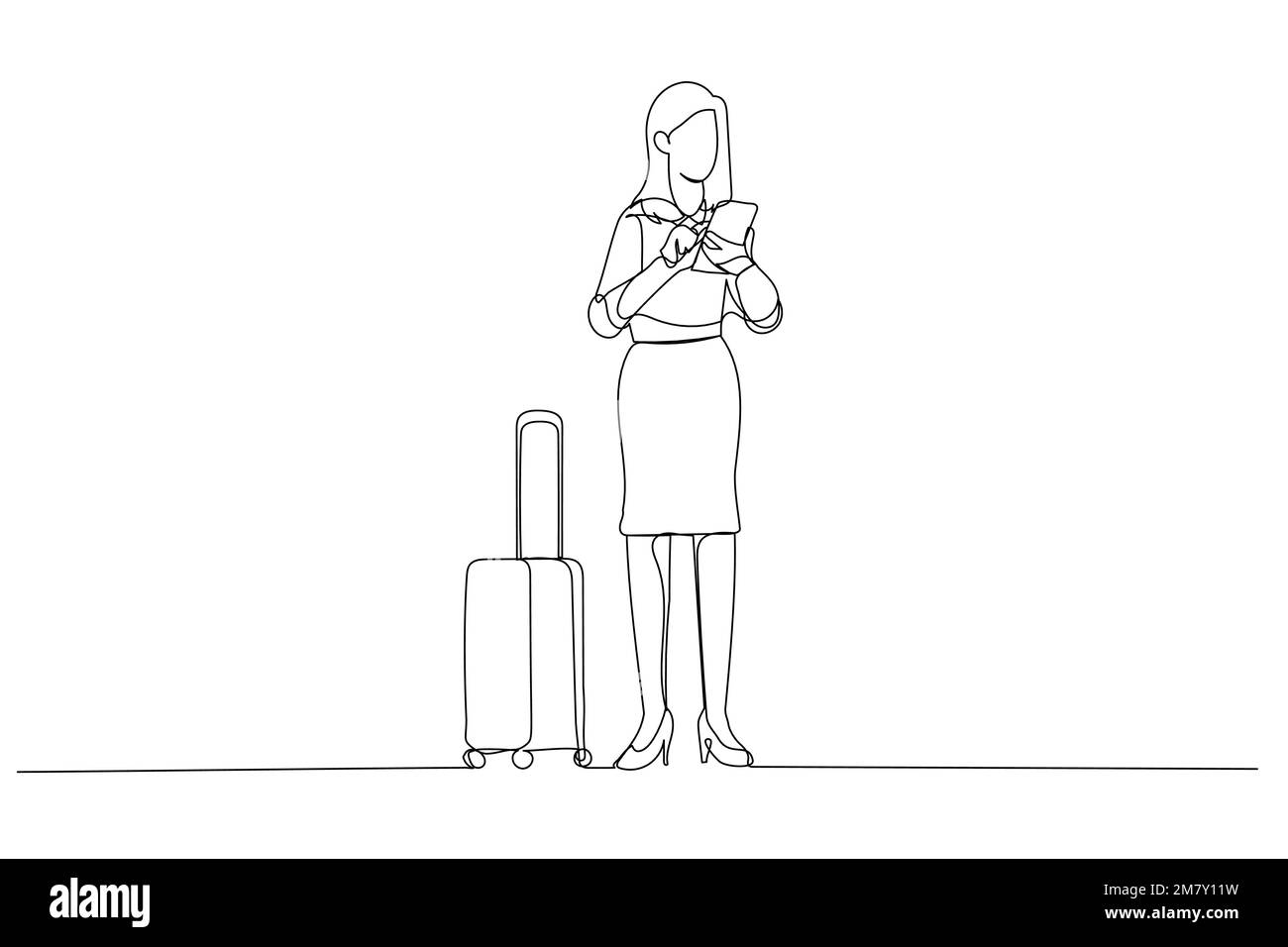 Drawing of businesswoman with a suitcase walking to office. Single continuous line art style ...