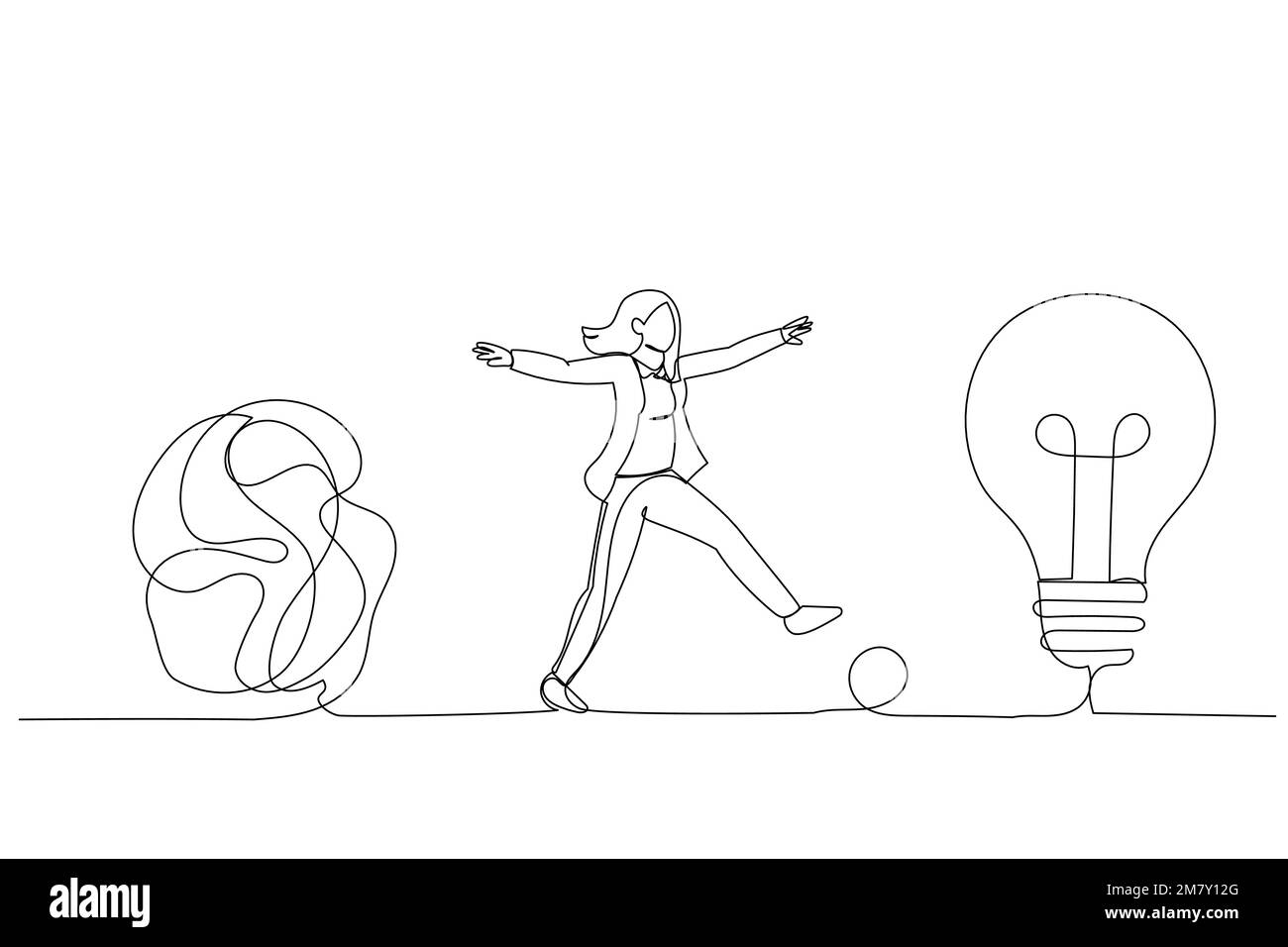 Drawing of smart businesswoman walking away from mess chaos line to ...