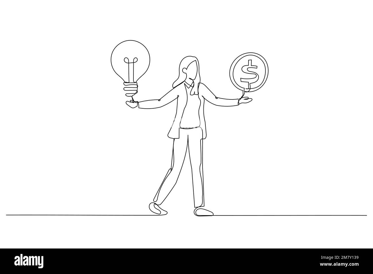 Drawing of businesswoman with lightbulb idea in his hand try to make ...