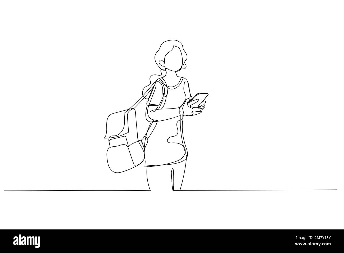 Cartoon of side portrait of woman student walking with bag and ...