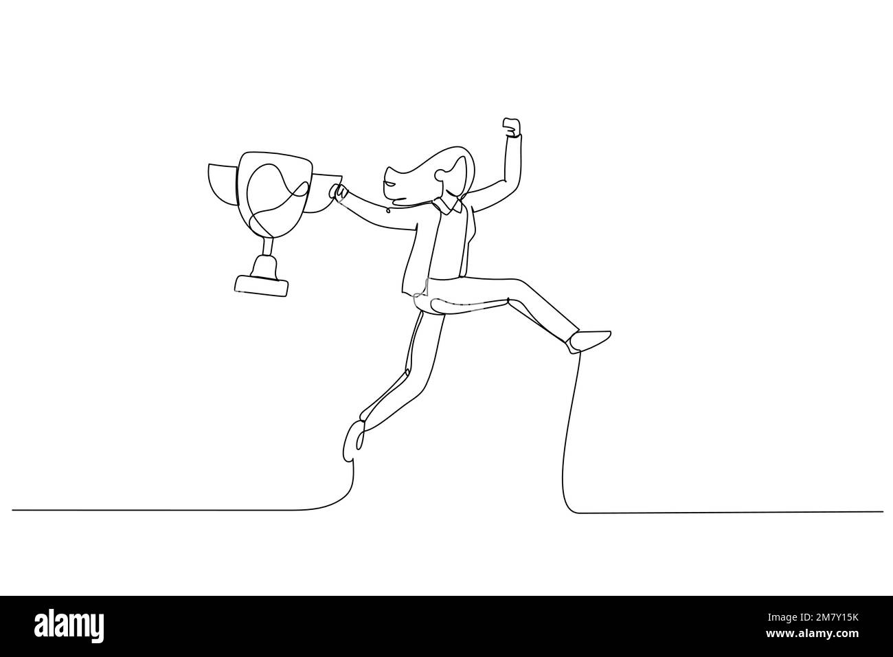 Cartoon of businesswoman holding winning trophy jumping high for ...