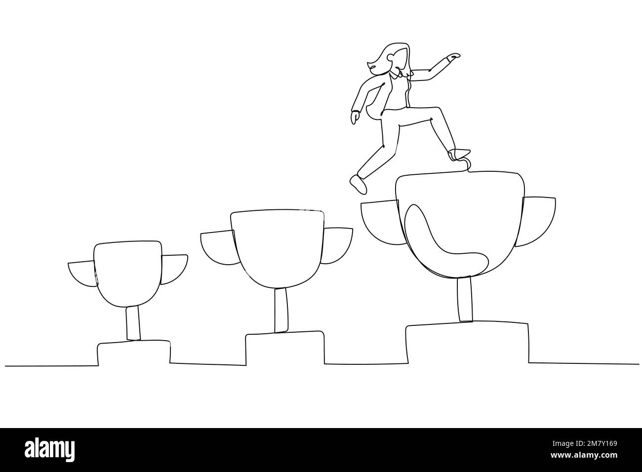 Drawing of businesswoman jumping from small win trophy to get bigger ...