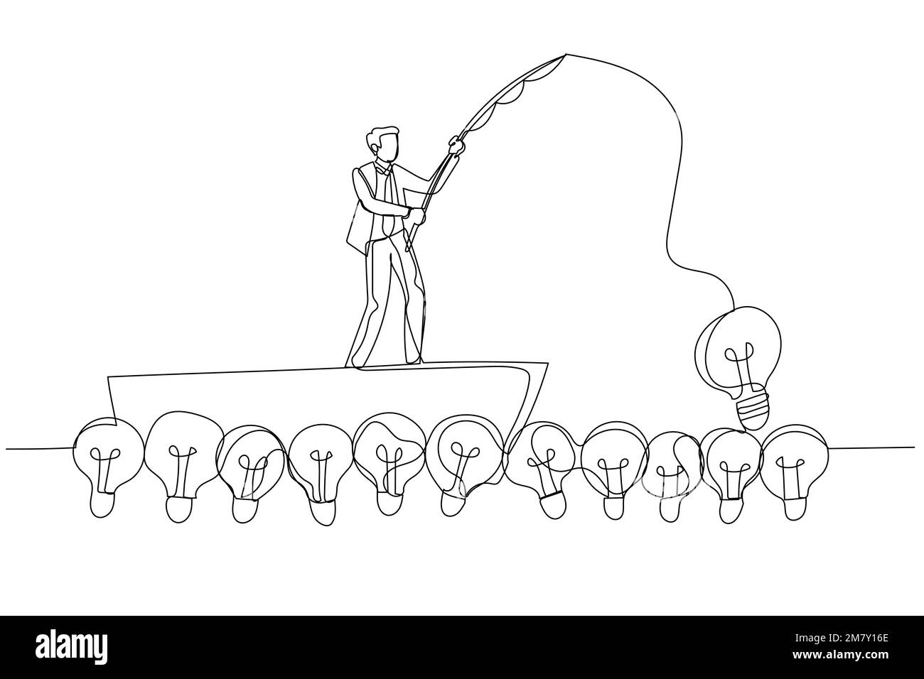 Cartoon of businessman fishing lightbulb idea. One line art style ...