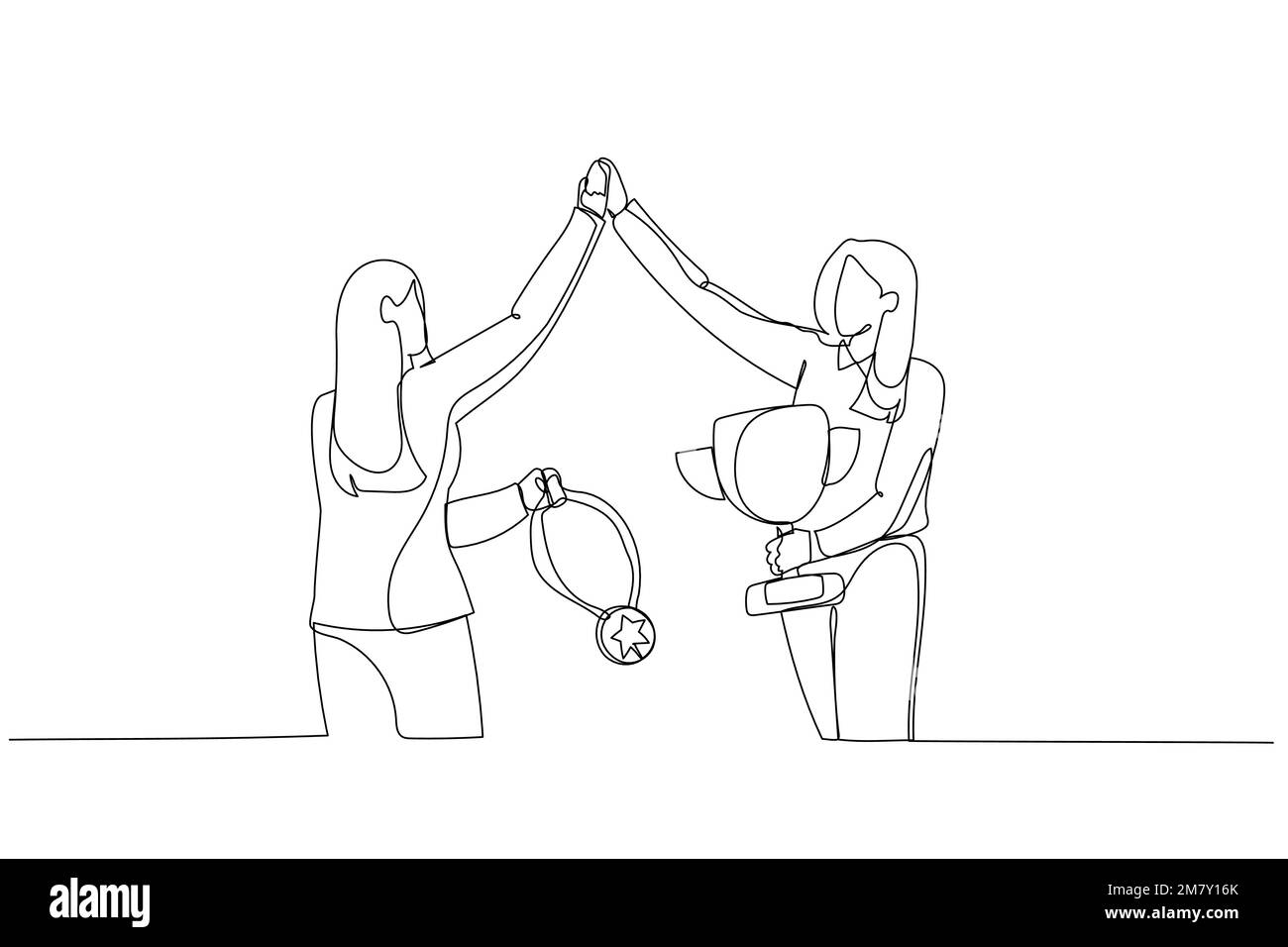 Drawing of businesswoman celebrate victory hold cup metaphor of ...