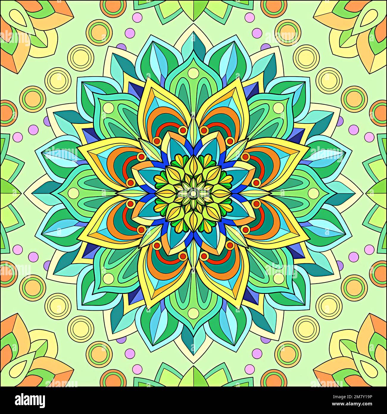 Mandala with a pattern of flower shapes with a mix of colors, yellow ...