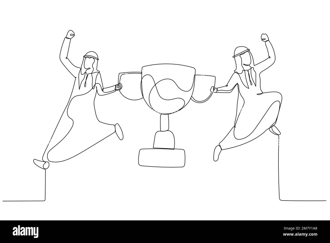 Cartoon of arab businessman partner celebrate winning victory trophy ...