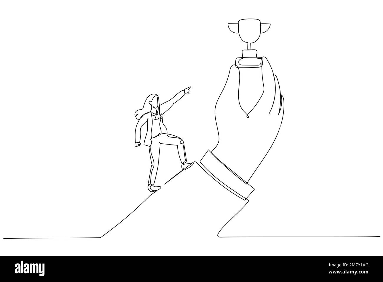 Cartoon of businesswoman run with full effort to reach trophy cup in ...