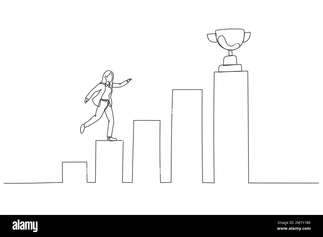 Cartoon of businesswoman running on growing bar graph to catch winner ...
