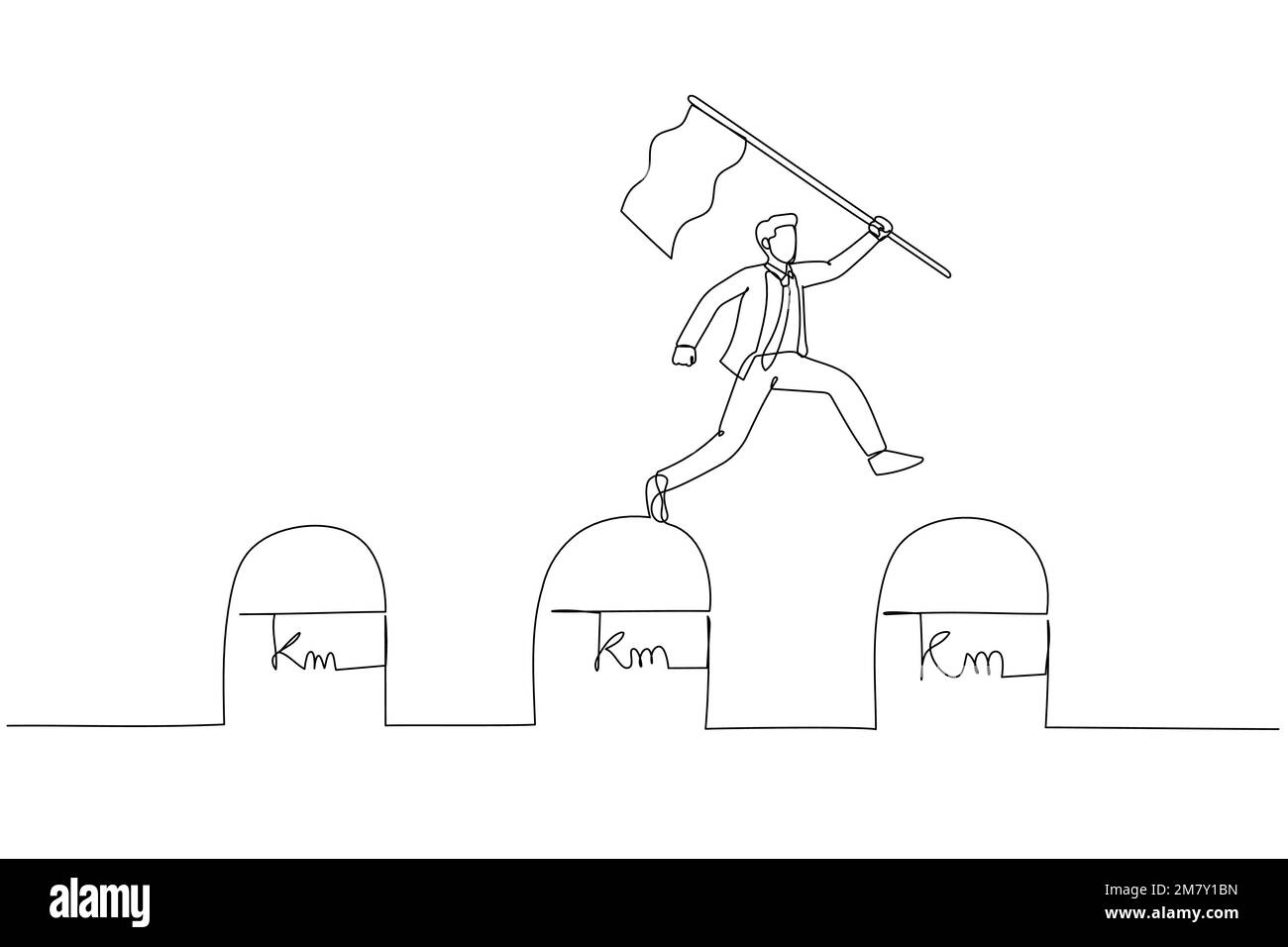 Drawing of businessman holding success flag jumping on milestones ...