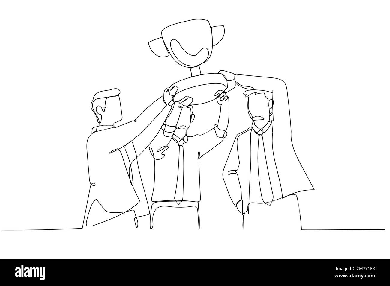 Cartoon of businessman hold cup together success winning competition ...