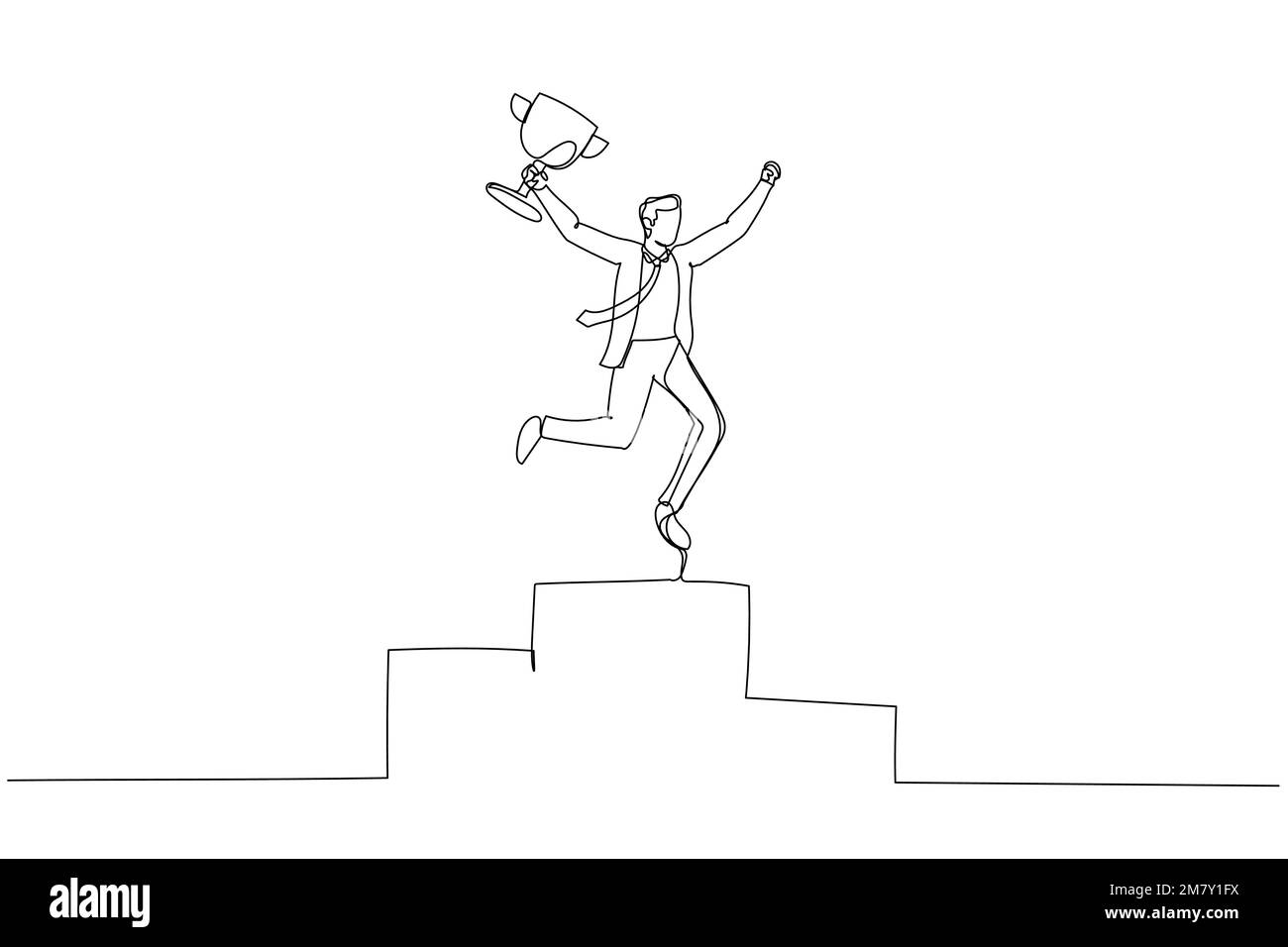 Drawing of businessman receive trophy on podium happy first winner ...