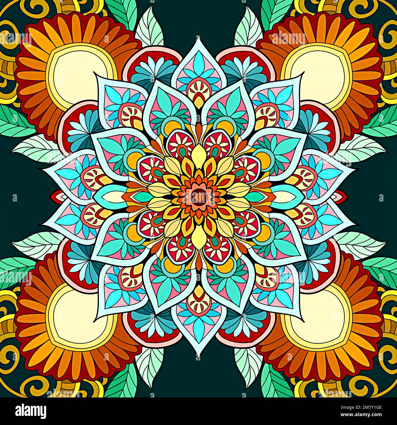 mandala with a pattern of flower shapes with a mix of colors, red ...