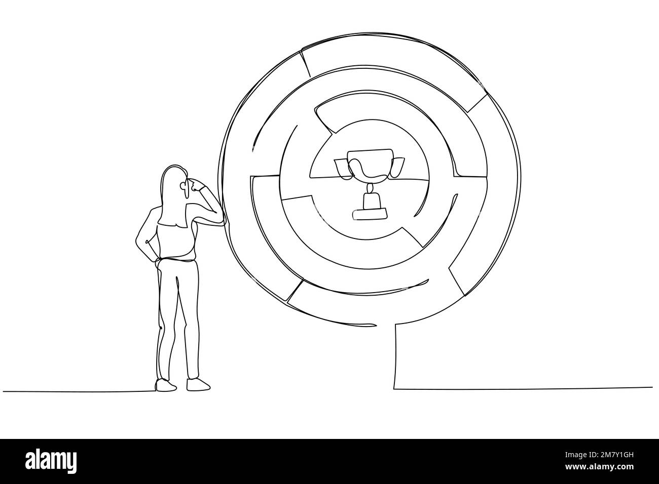 Drawing of businesswoman finding the way in labyrinth to reach path to ...