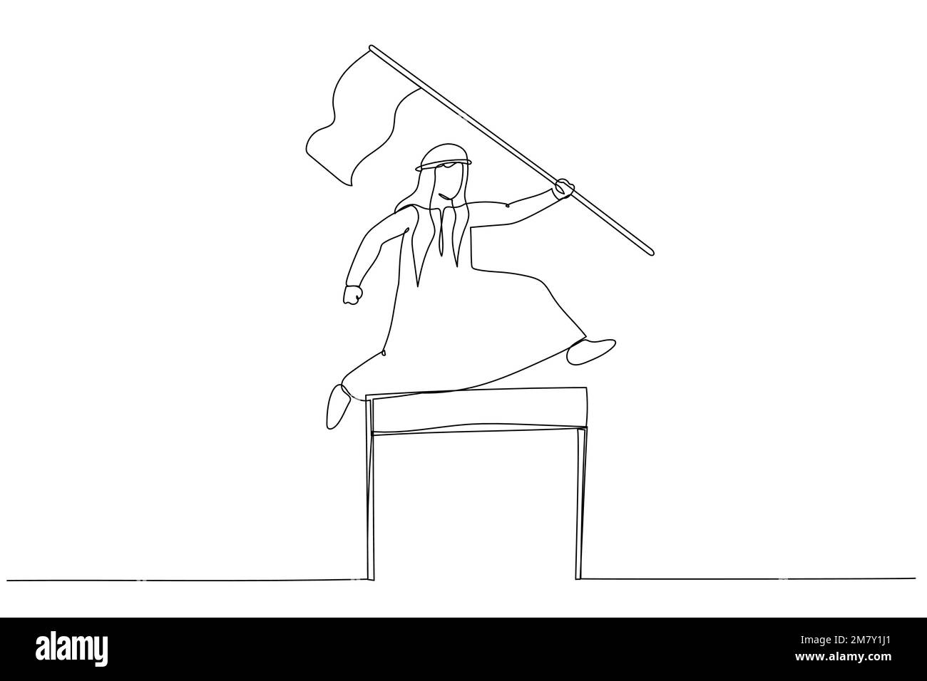 Drawing of arab man competing in race holding a leader flag jumping ...