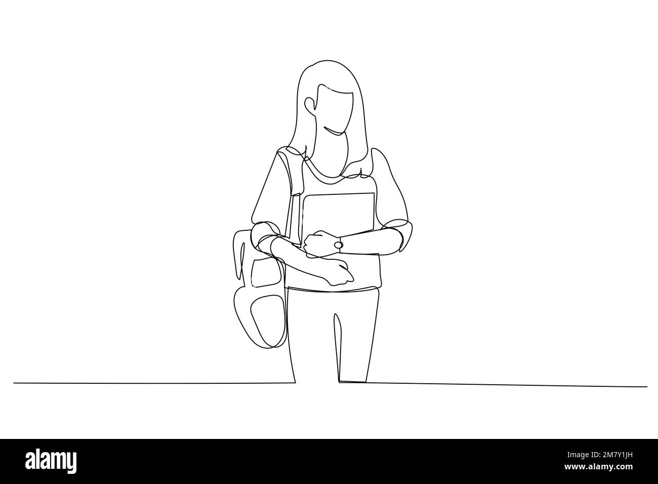 Cartoon of woman student using laptop at university. One continuous ...