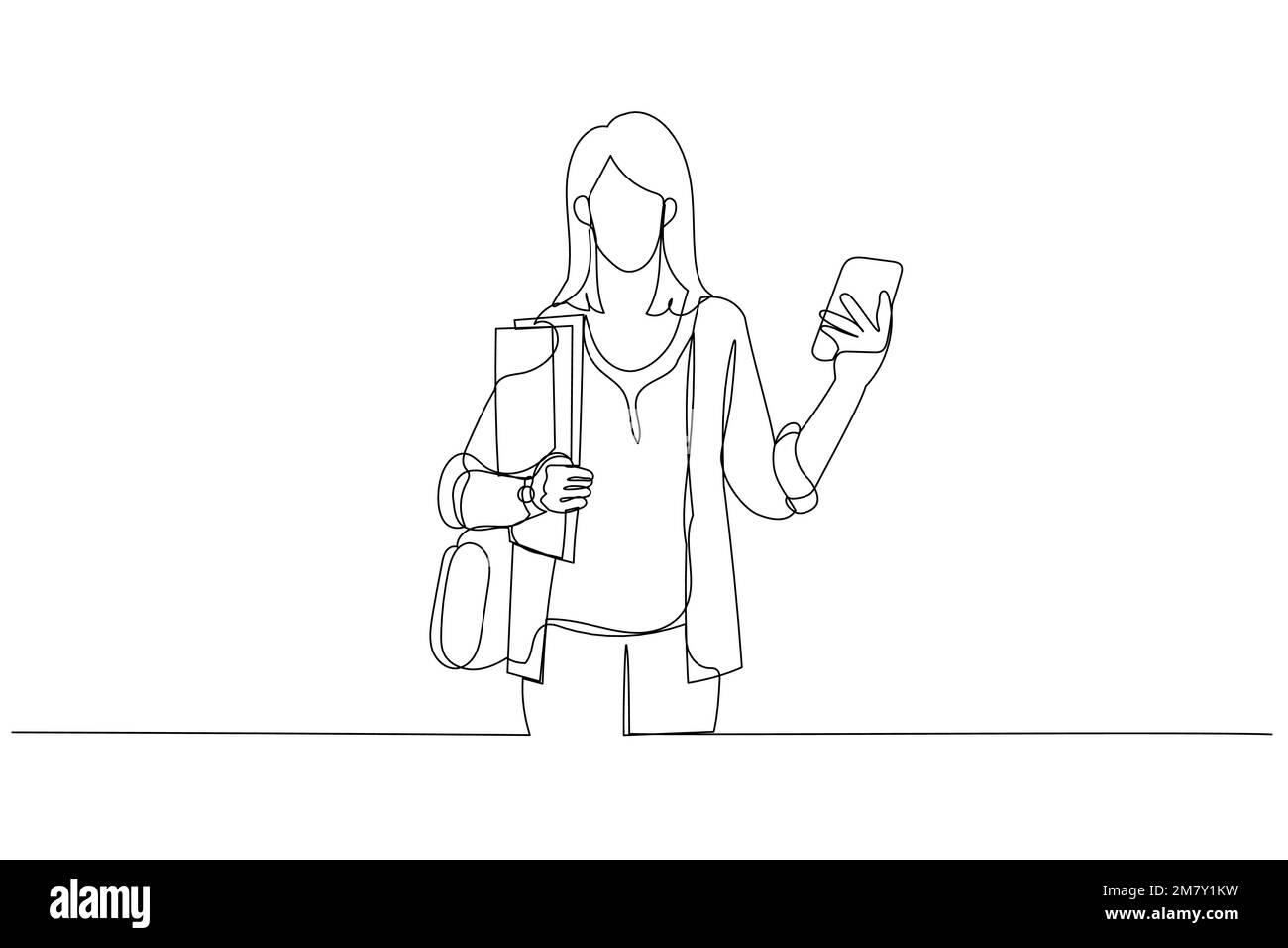 Cartoon of student girl is holding mobile phone in hand, looks at ...
