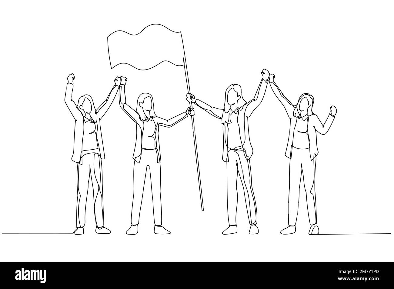 Drawing of businesswoman raising flag reaching top and success. Single ...