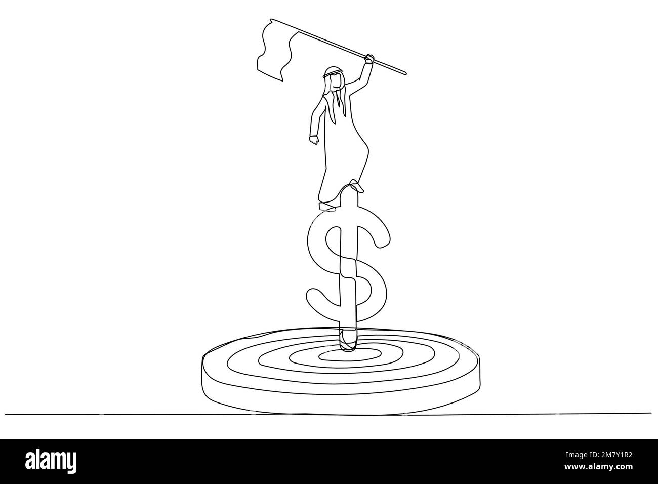 Drawing of arab man holding winner flag on top of dollar money target ...
