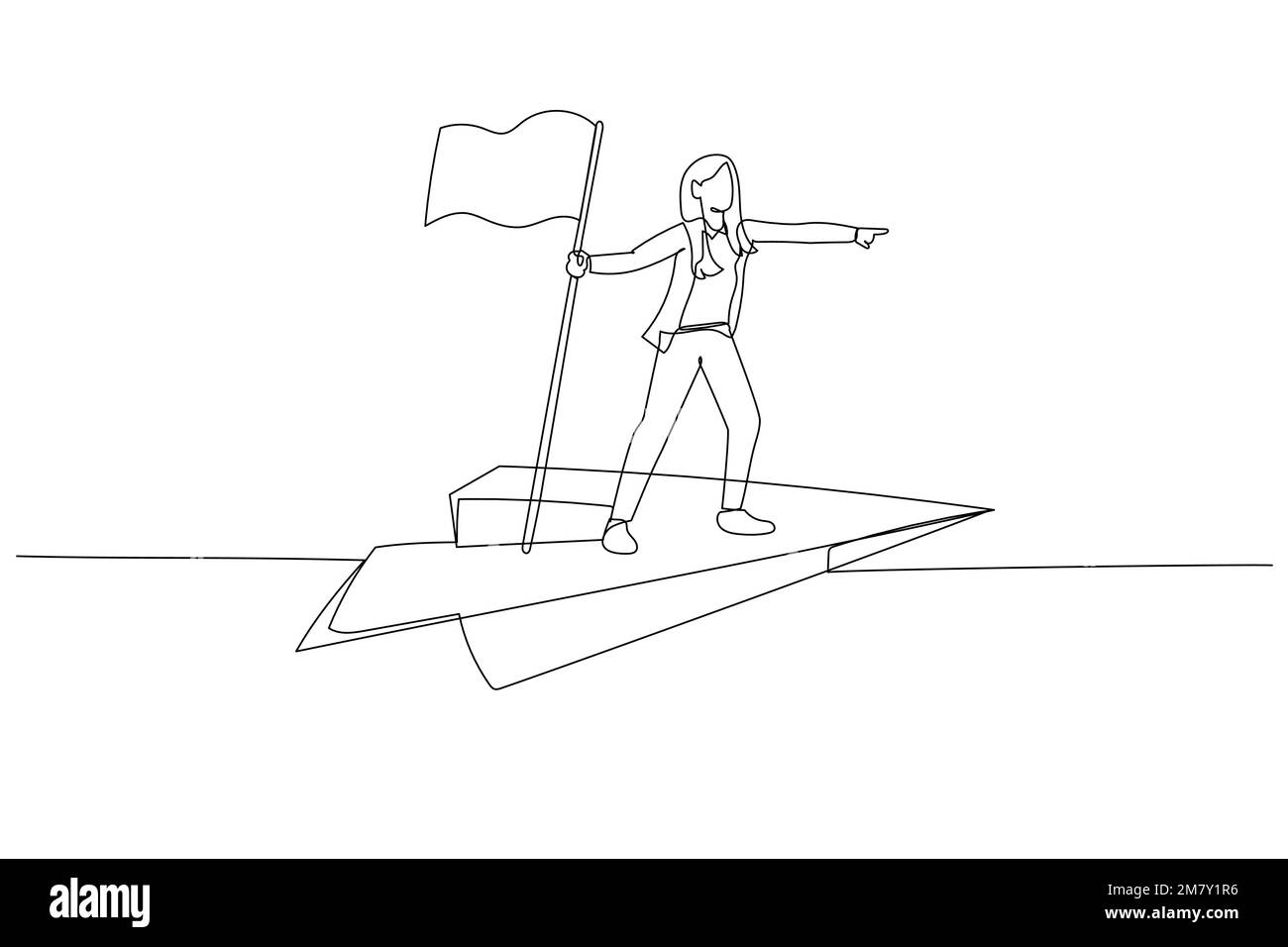 Drawing of businesswoman flying with paper plane concept of discovery ...