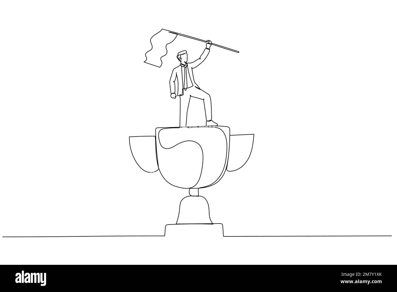 Illustration of businessman winner raising flag on winning trophy ...