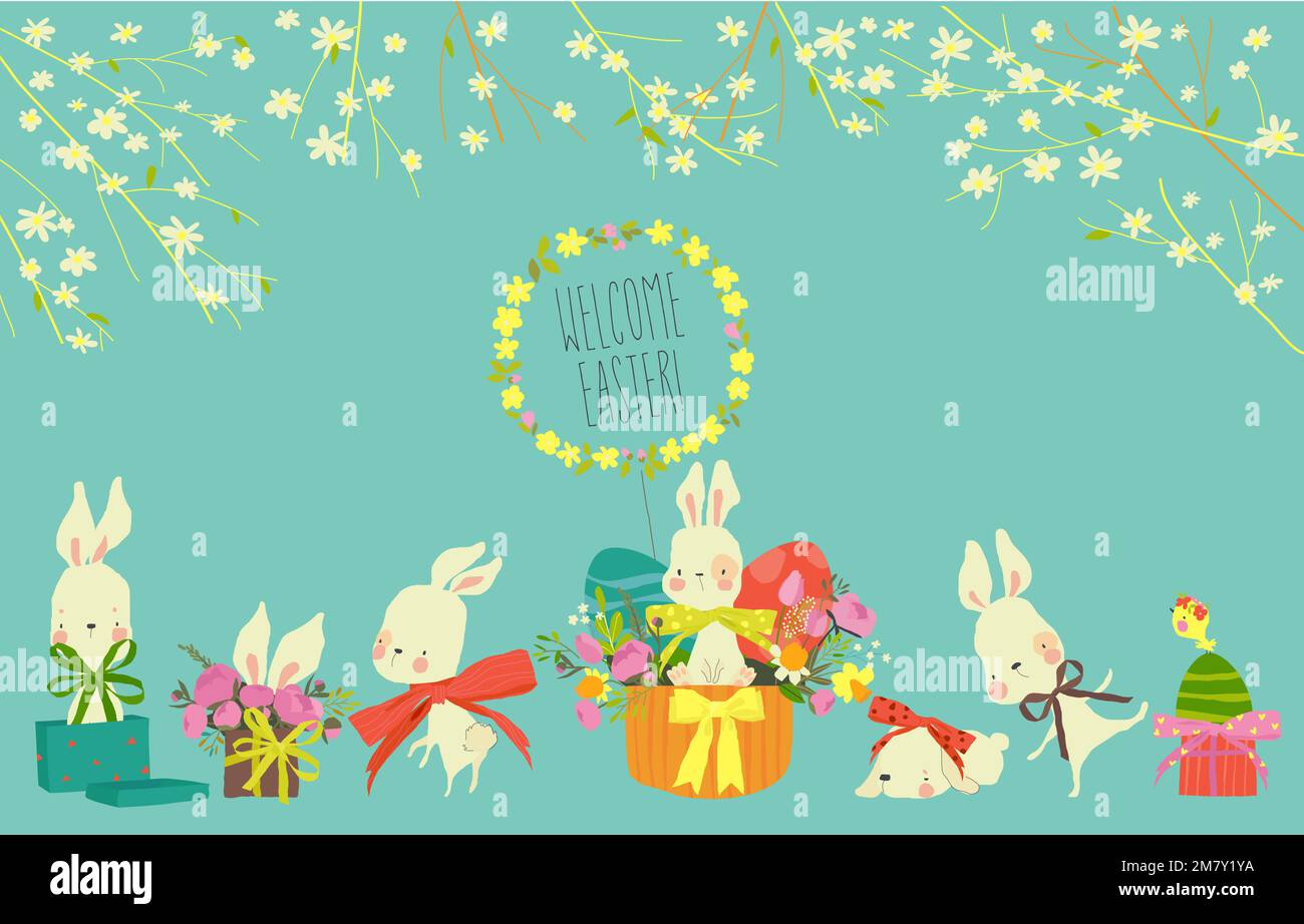 Cartoon Easter Illustration with Cute White Bunnies, Eggs and Flowers ...