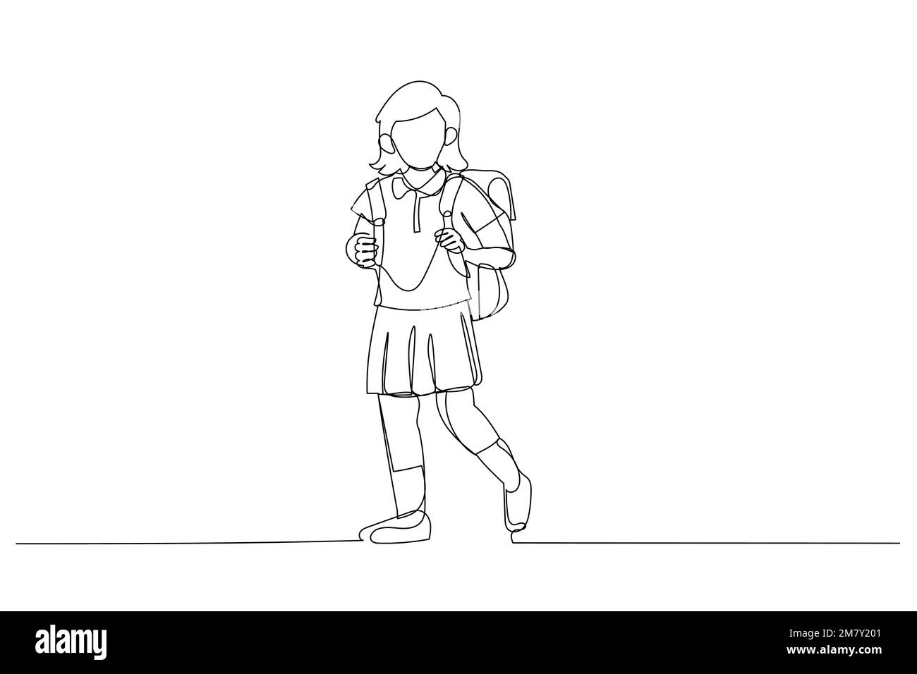 Cartoon of cute schoolgirl in uniform standing. One line art style ...