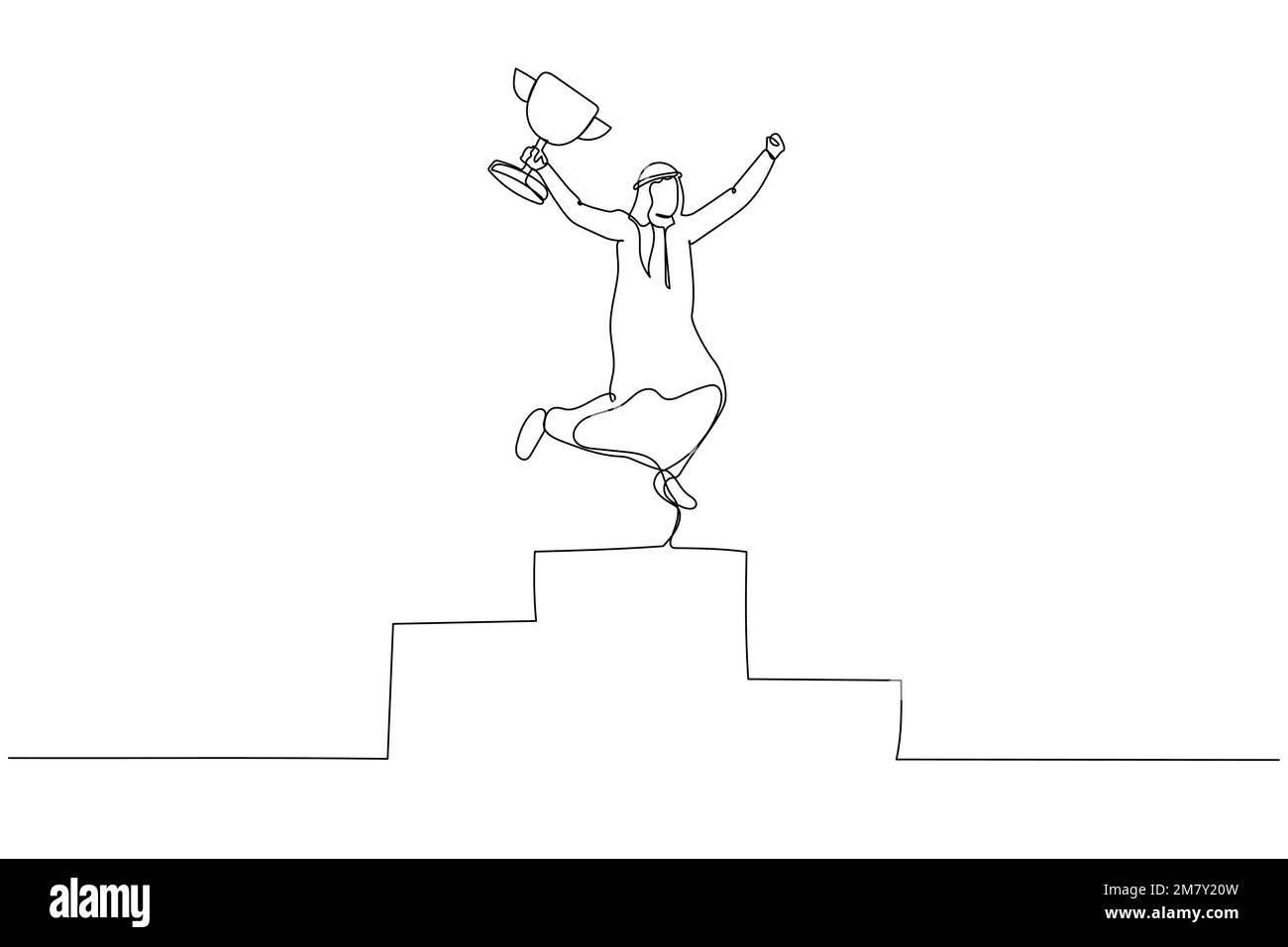 Cartoon of arab businessman receive trophy on podium happy first winner ...