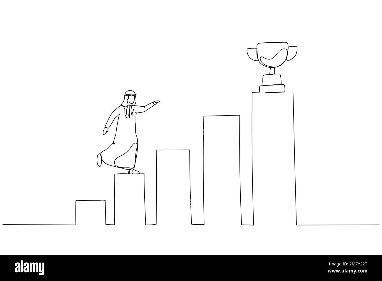 Drawing of arab businessman running on growing bar graph to catch ...