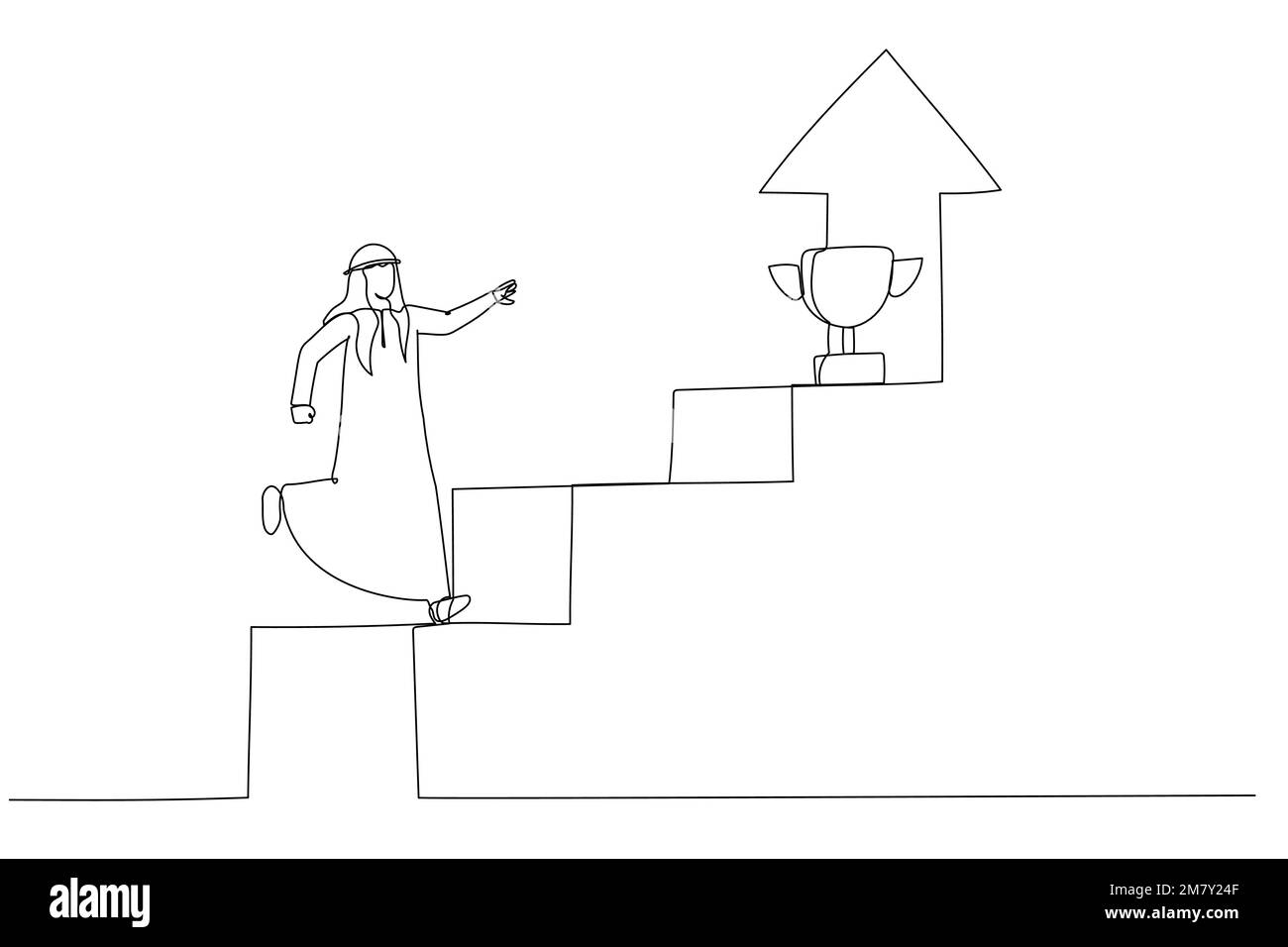 Drawing of arab businessman walking up staircase with rising arrow into ...