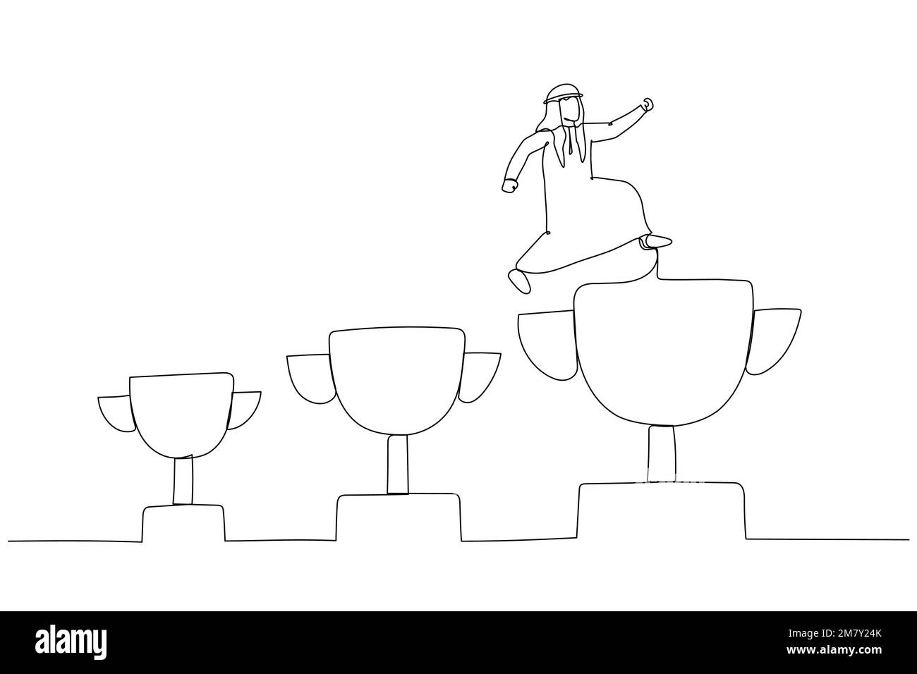 Illustration of arab businessman jumping from small win trophy to get ...