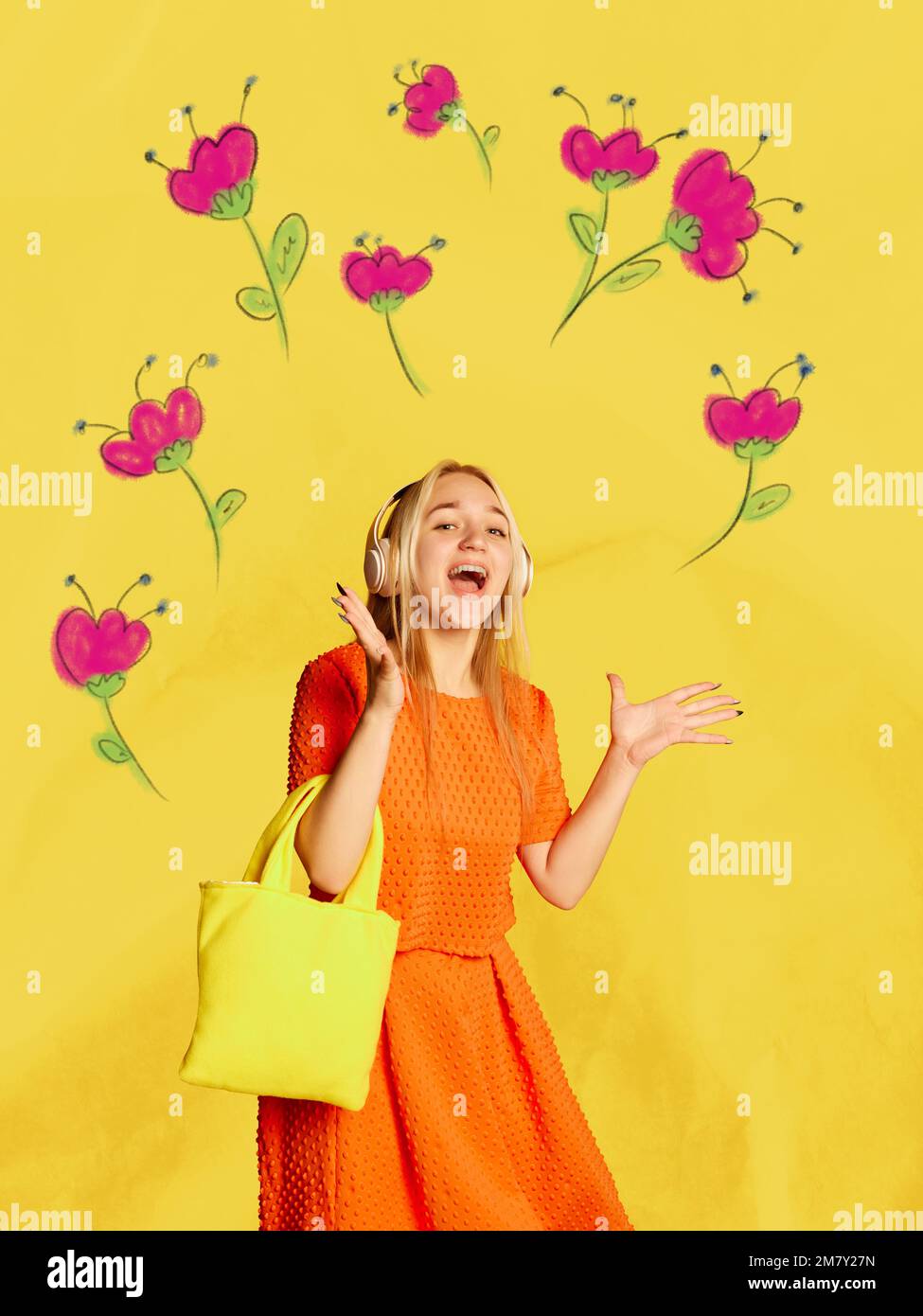 Creative colorful design. Modern art collage. Cheerful young girl in ...