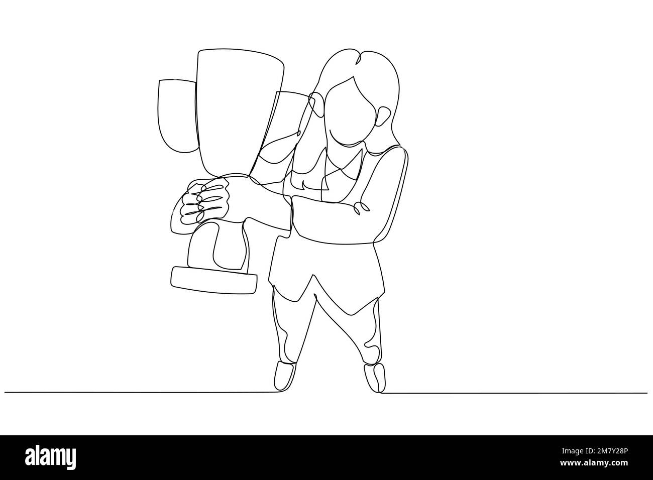 Drawing of businesswoman happy holding trophy showing success and ...