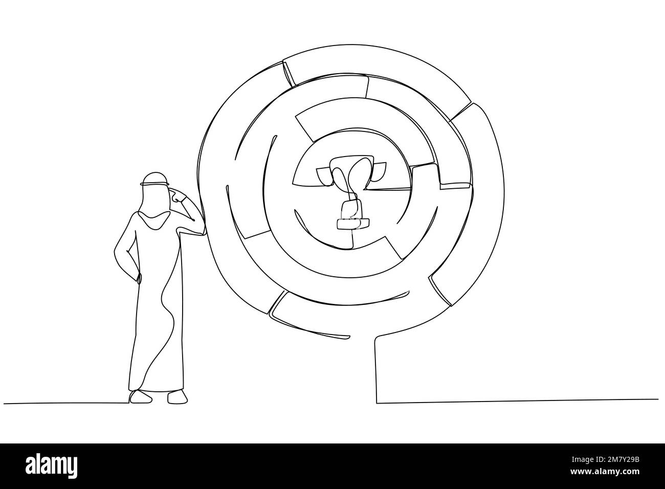 Drawing of arab businessman finding the way in labyrinth to reach path ...