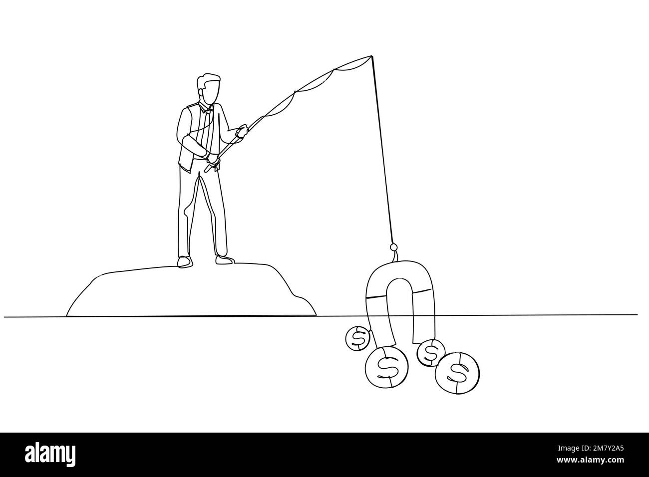 Drawing of businessman fishing money with big magnet. Single continuous ...