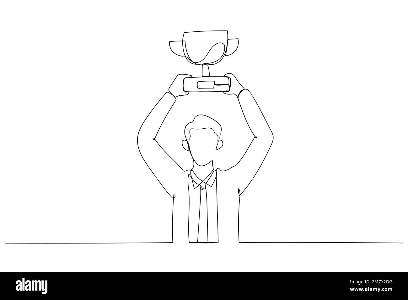 Drawing of businessman holding winning trophy concept of victory. Continuous line art design ...