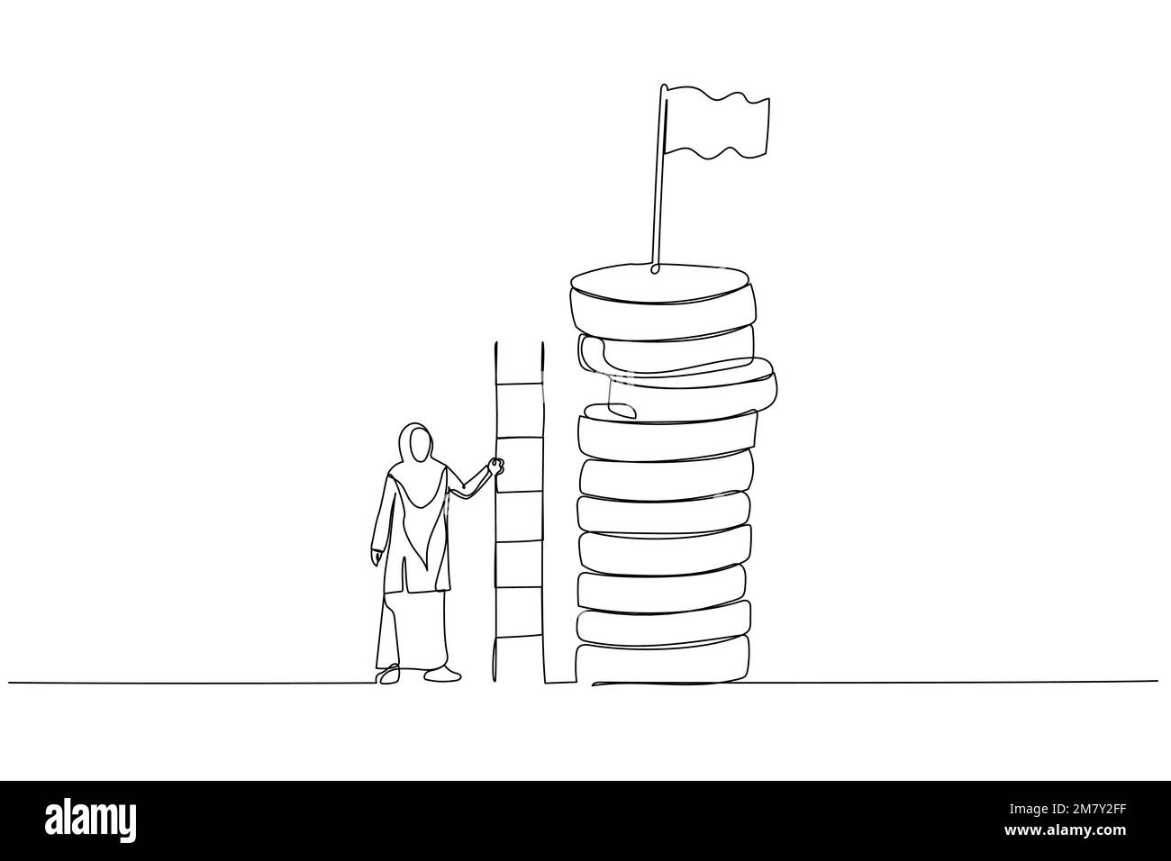 Cartoon of muslim woman enterpreneur climbs a ladder to get a flag atop ...