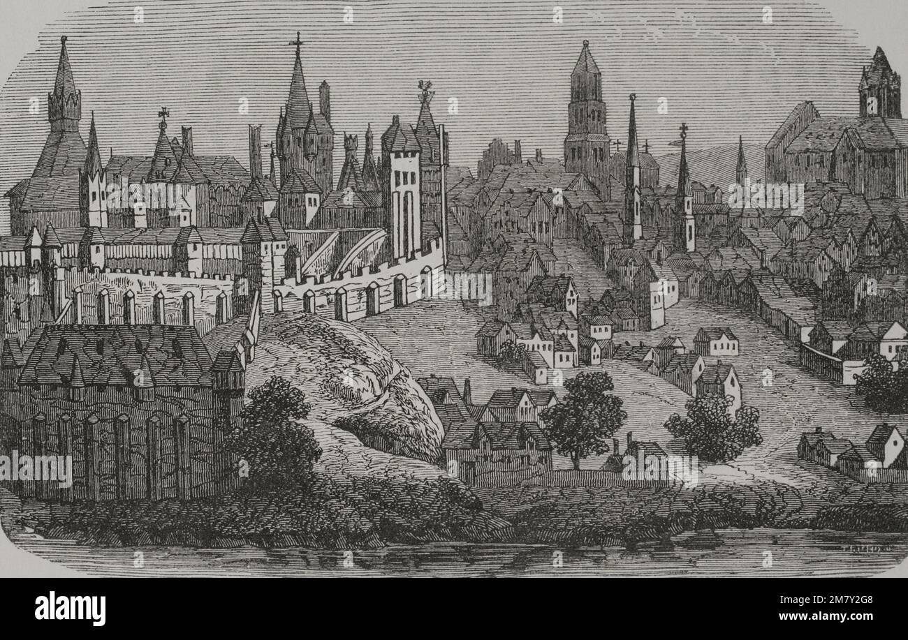 Hungary. Buda in the Middle Ages. Engraving. "Los Héroes y las ...