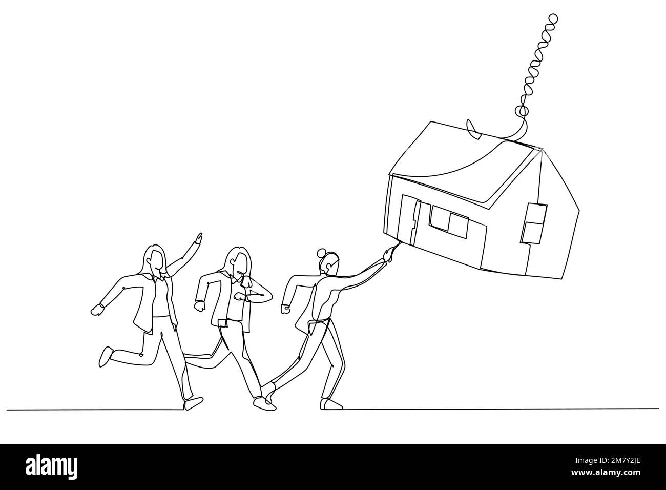 Cartoon of group of businesswoman try to get house bait on fishing hook ...