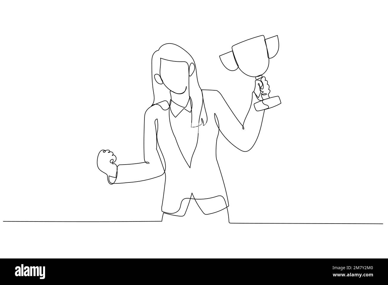 Cartoon of businesswoman holding a trophy success get promotion. Single ...