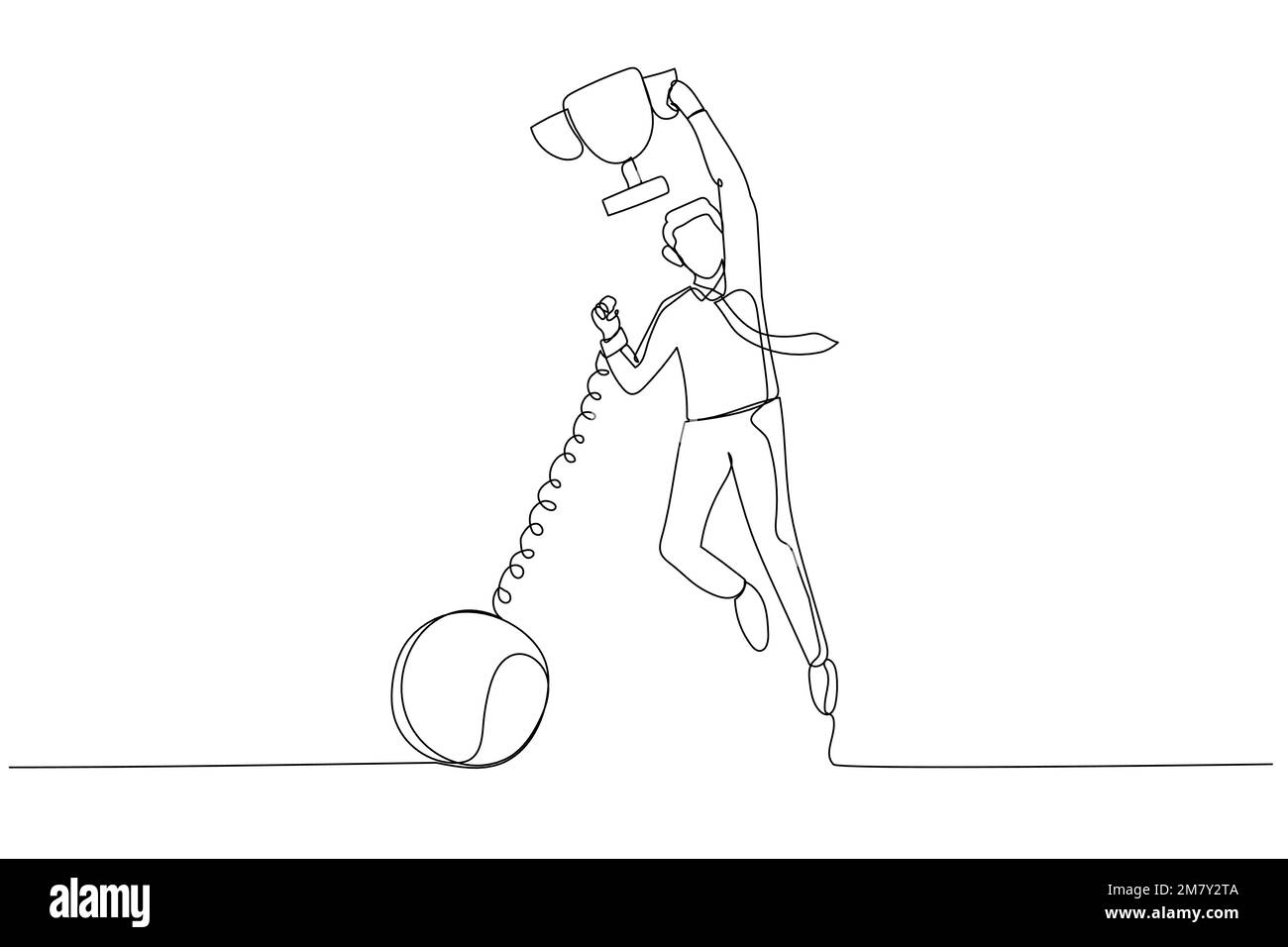 Drawing of businessman break the chain and get the trophy prize. Single ... Drawing of businessman break the chain and get the trophy prize. Single ...