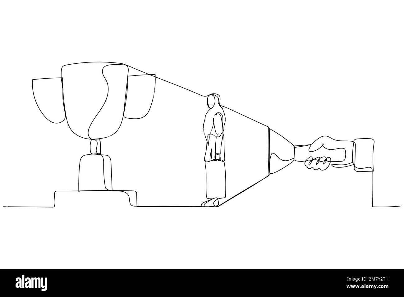 Cartoon of muslim businesswoman aiming big prize from flashlight ...