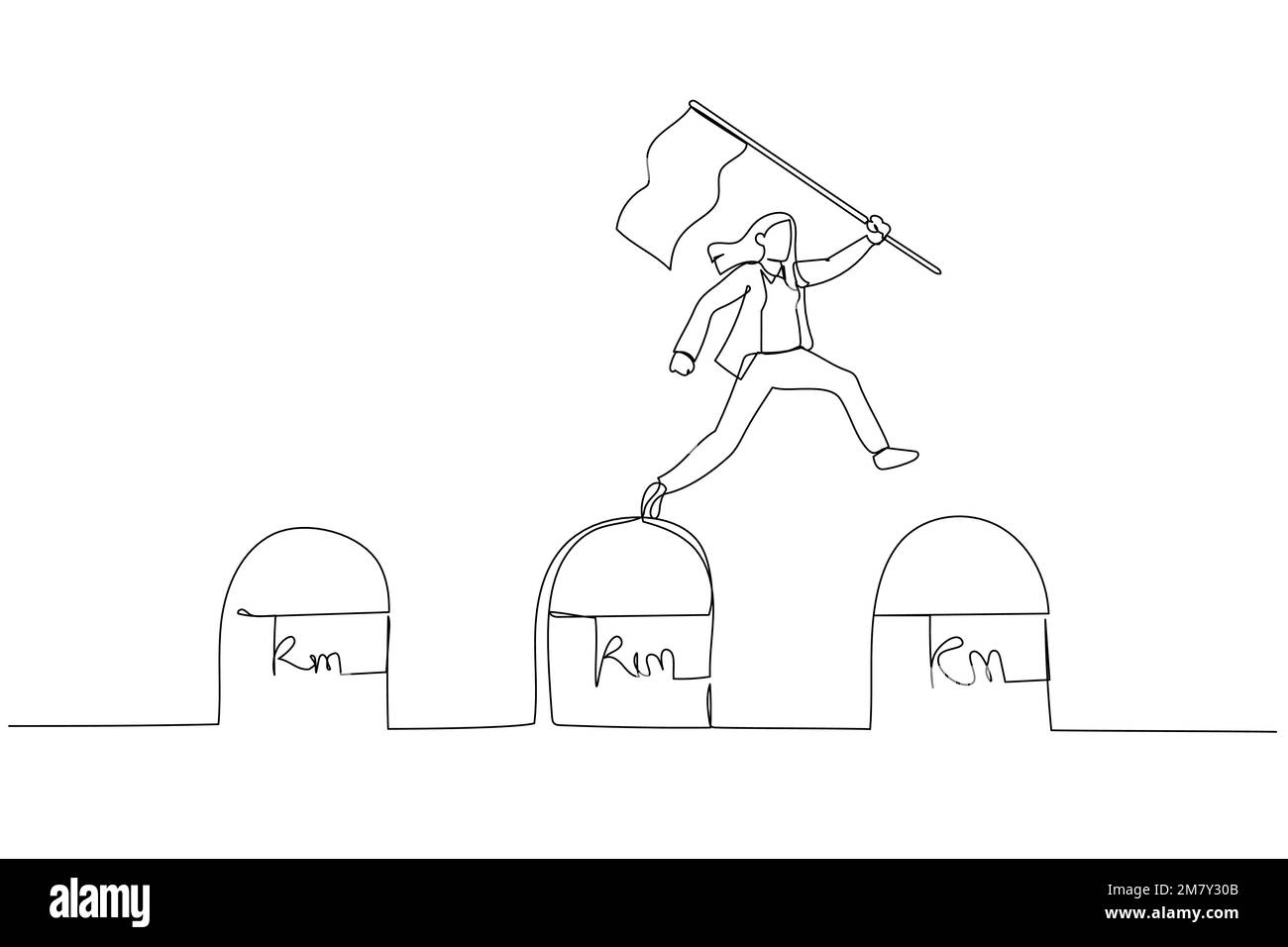 Cartoon of businesswoman holding success flag jumping on milestones ...