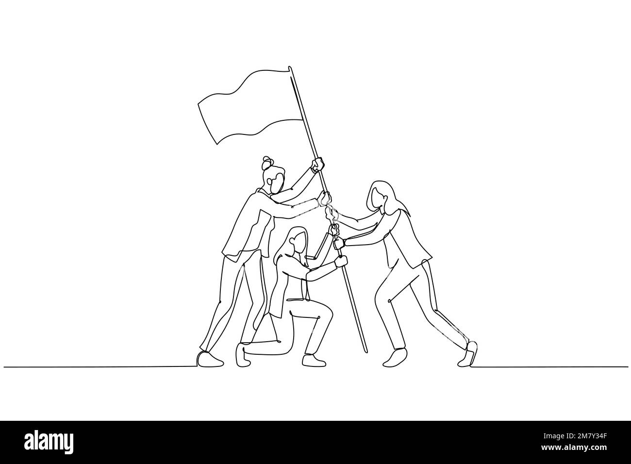 Drawing of businesswoman with flag as a symbol of success and heights ...