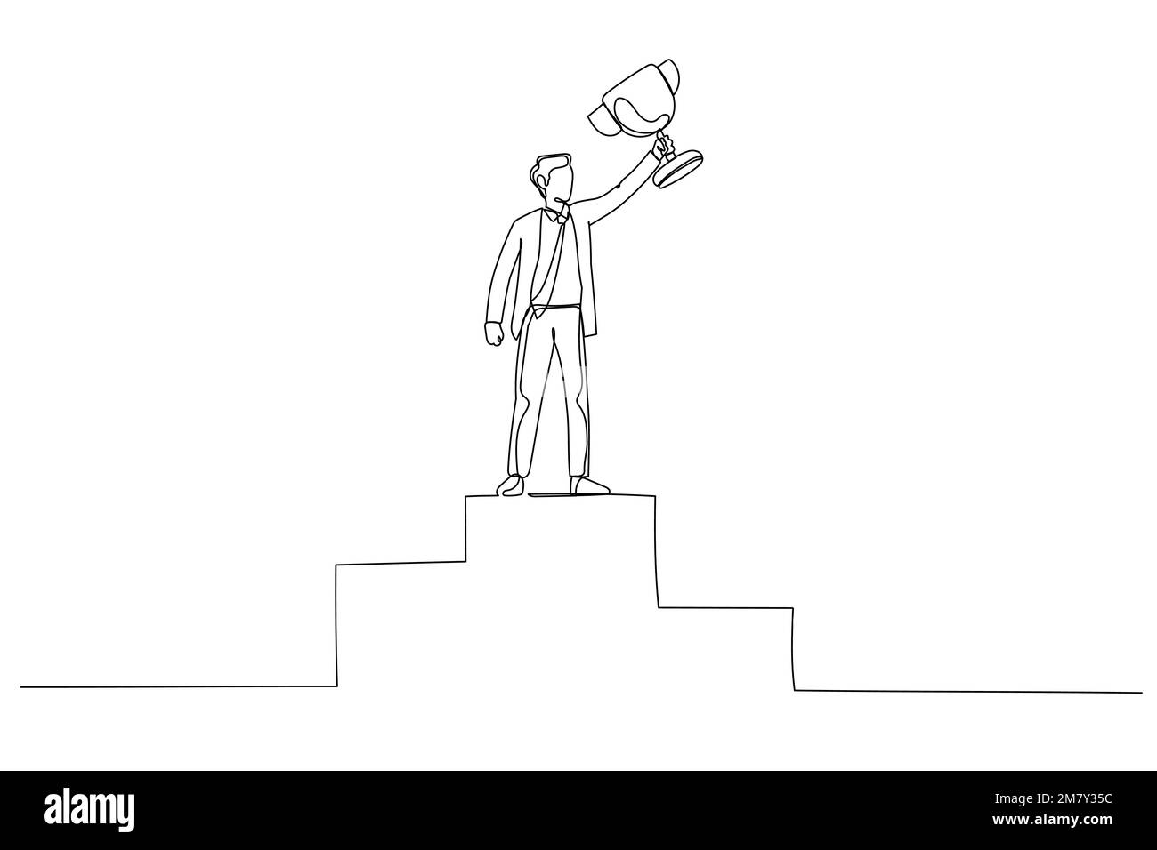 Drawing of first place winner businessman on pedestal rising hand with ...